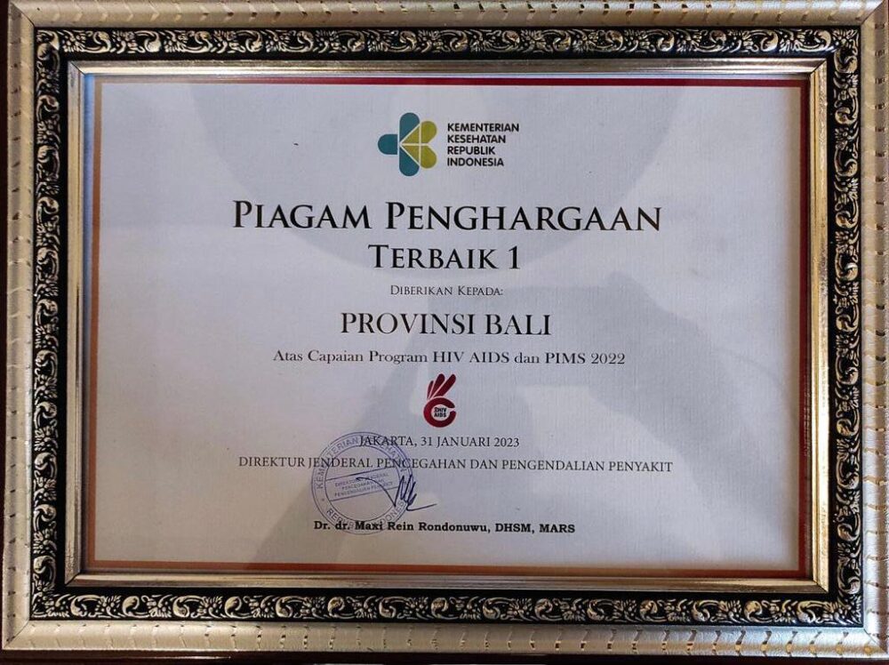 Provinsi Bali Raih Piagam Penghargaan HIV/ AIDS dan PIMS 2022